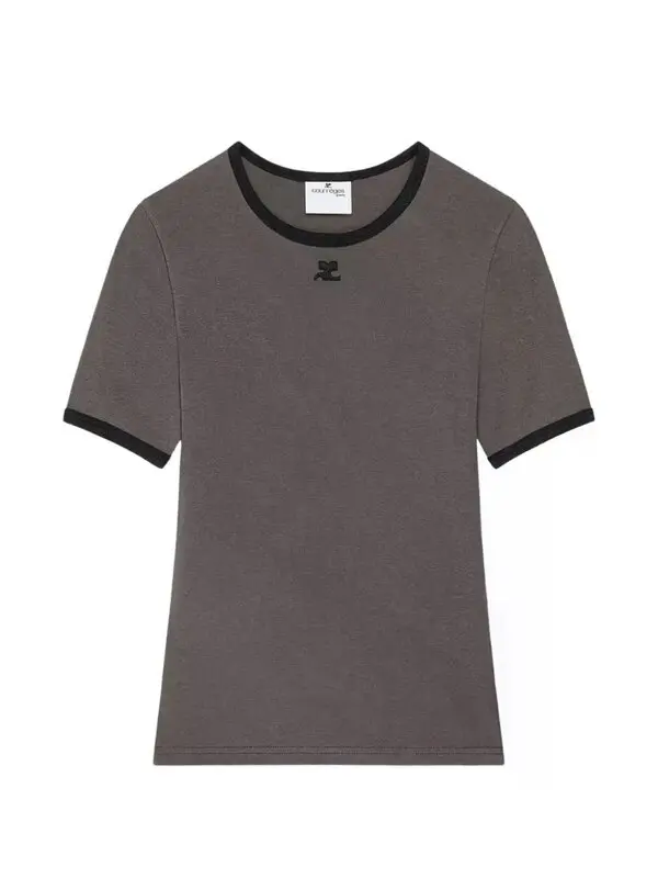 COURREGES Logo-patch Contrast-trim T-shirt - Grey