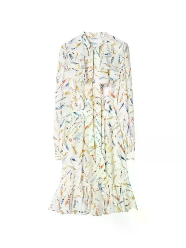 Burberry Ruffled Feather-print Silk Dress - Neutrals