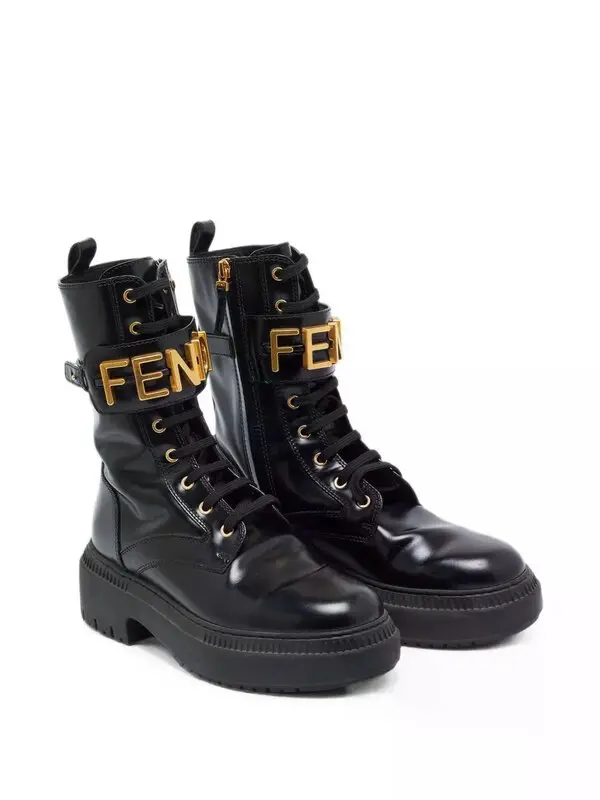 Fendi Logo-lettering Leather Combat Boots - Black