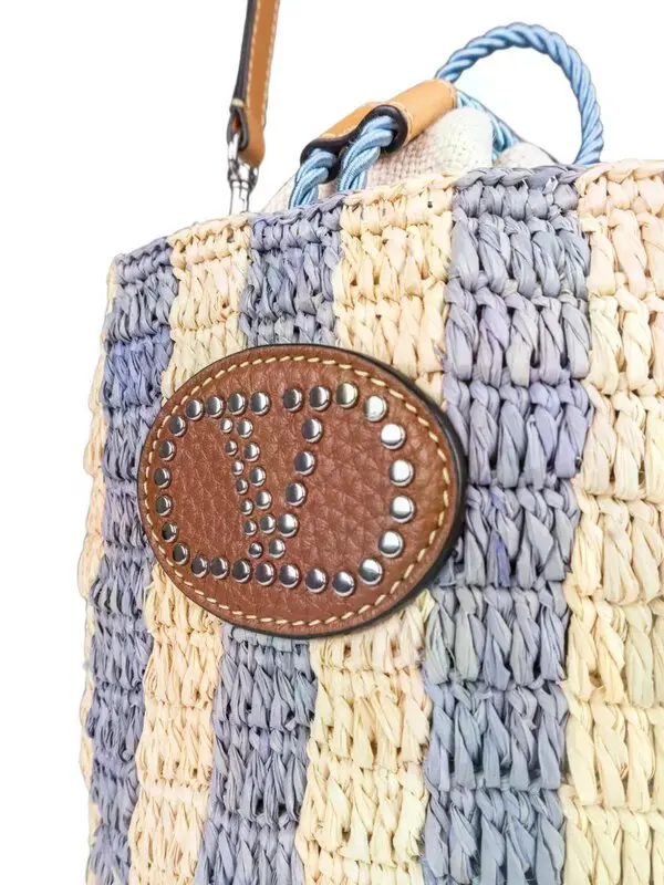 VALENTINO RED Vlogo Signature Striped Raffia Bucket Bag - Neutrals
