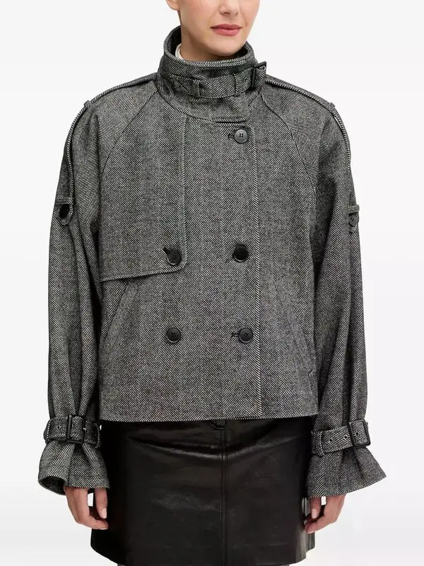 GESTUZ Herringbone-pattern Double-breasted Coat - Grey