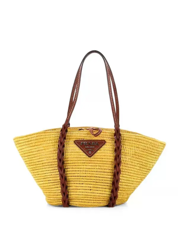Prada Basket Woven Raffia With Leather Medium Tote Bag