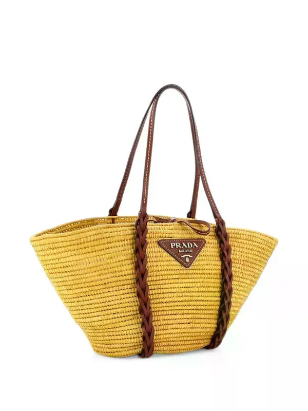 Prada Basket Woven Raffia With Leather Medium Tote Bag