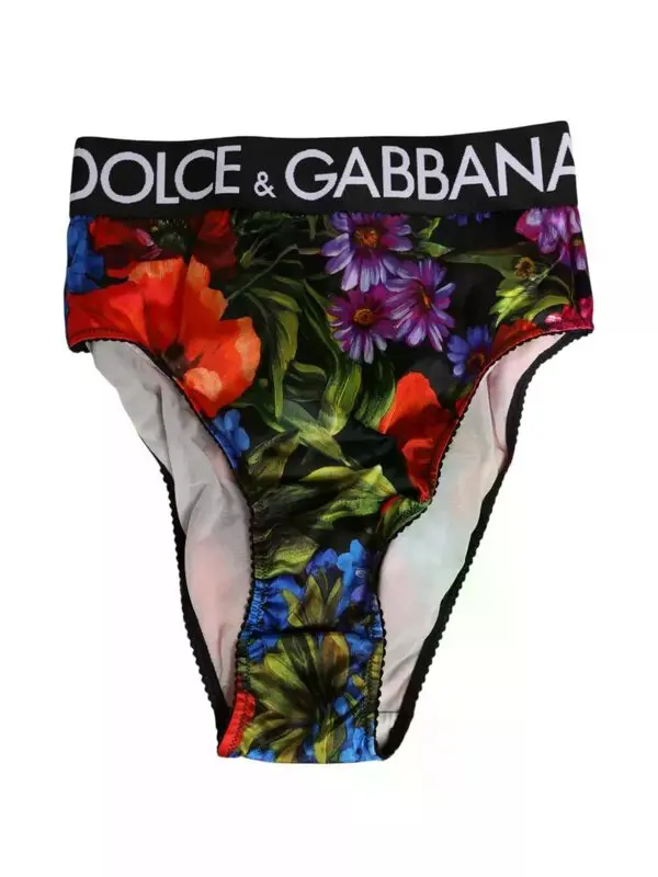 Dolce & Gabbana Floral-print Logo-waistband Briefs - Black