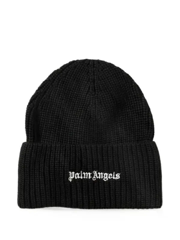 Palm Angels Logo-embroidered Ribbed Beanie Hat - Black