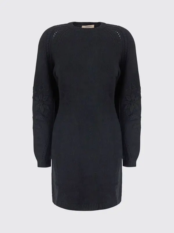 TWINSET Slim Fit Floral Detail Wool Blend Knit Mini Dress - Black