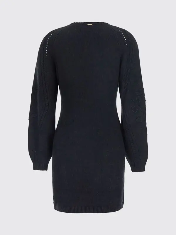 TWINSET Slim Fit Floral Detail Wool Blend Knit Mini Dress - Black