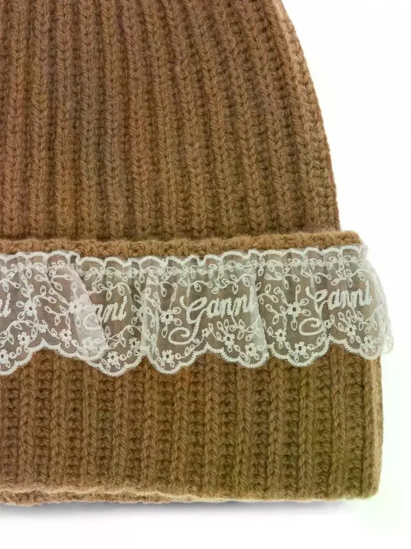 GANNI Lace-trim Ribbed-knit Beanie Hat