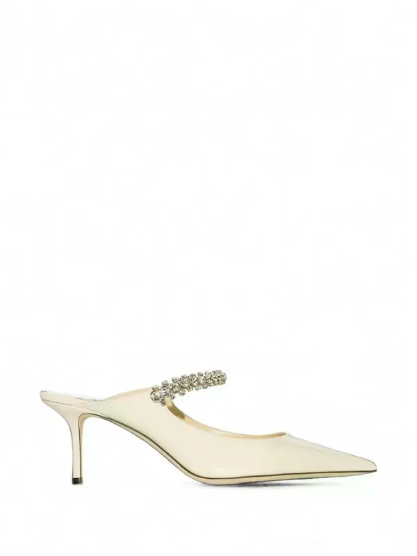 JIMMY CHOO Bing 65 Linen Patent Leather Mules With Crystal Strap