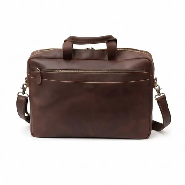 TOURI Genuine Leather Minimalist Zip Front Laptop Bag - Brown