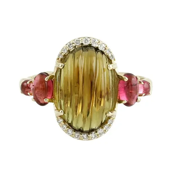 ARTISAN 14k Yellow Green Tourmaline, Pink Tourmaline & Diamond Statet Ring