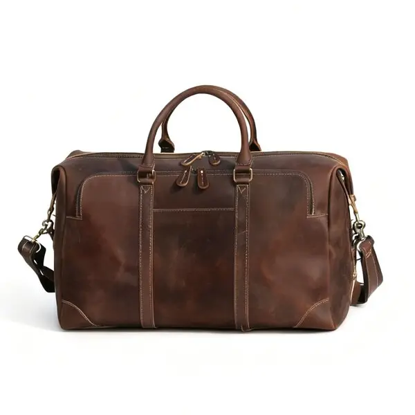 TOURI Genuine Leather Duffel With Zip Pocket Dark