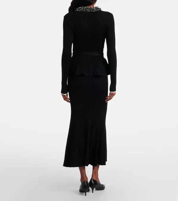 SELF-PORTRAIT Belted Embellished Ribbed-knit Midi Dress