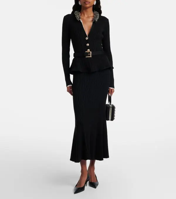 SELF-PORTRAIT Belted Embellished Ribbed-knit Midi Dress