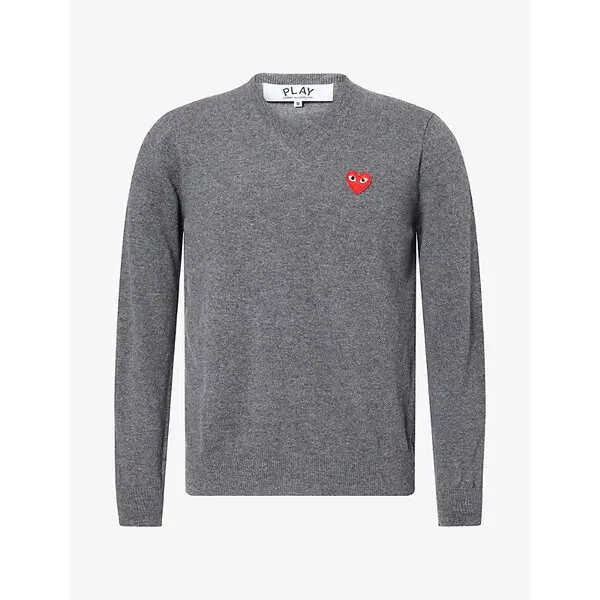 Play Comme Des Garcon Heart Motif-logo V-neck Wool Jumper - Grey