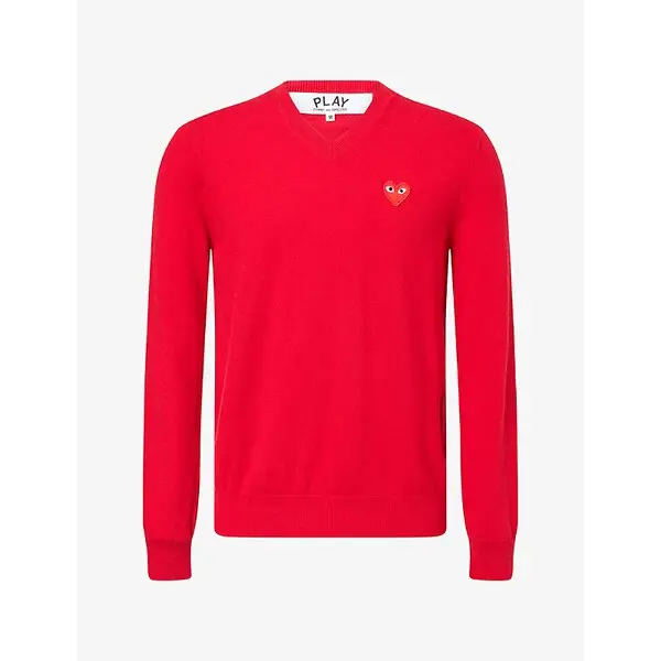 Play Comme Des Garcon Heart Motif-logo V-neck Wool Jumper - Red