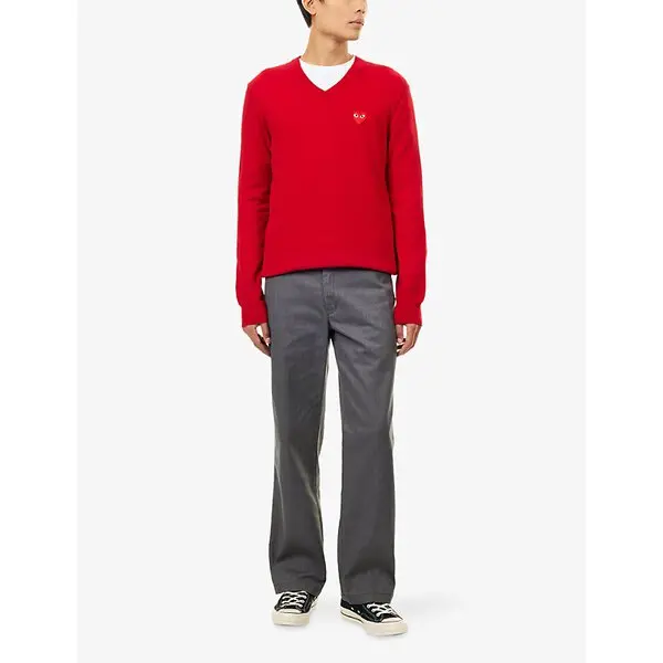 Play Comme Des Garcon Heart Motif-logo V-neck Wool Jumper - Red