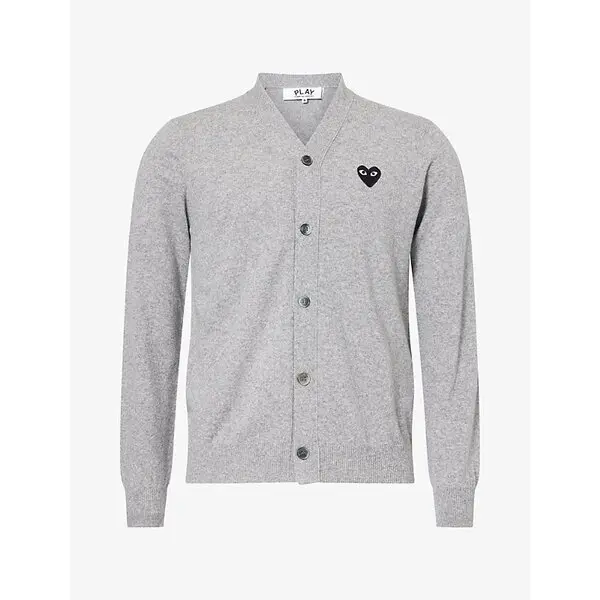 Play Comme Des Garcon Heart Motif-logo Wool Cardigan - Light Grey