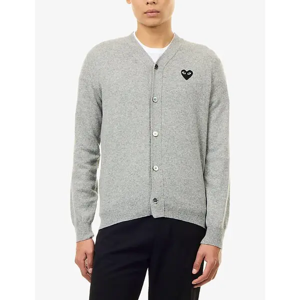 Play Comme Des Garcon Heart Motif-logo Wool Cardigan - Light Grey