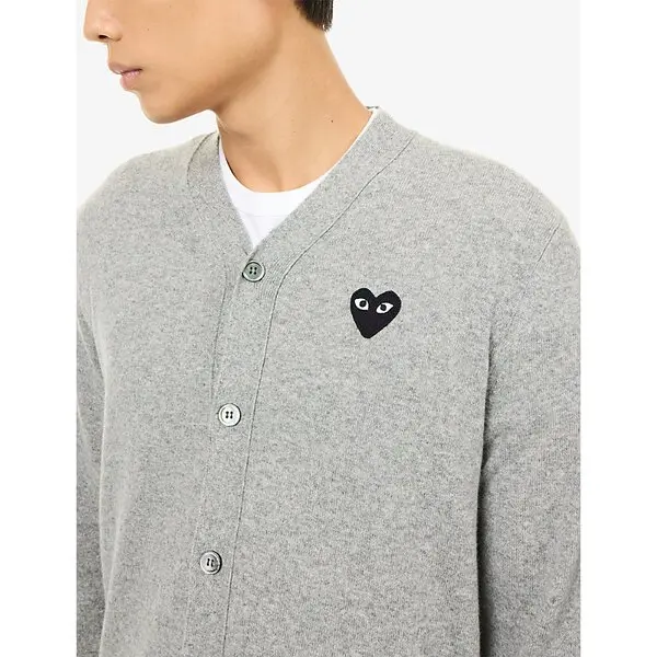 Play Comme Des Garcon Heart Motif-logo Wool Cardigan - Light Grey