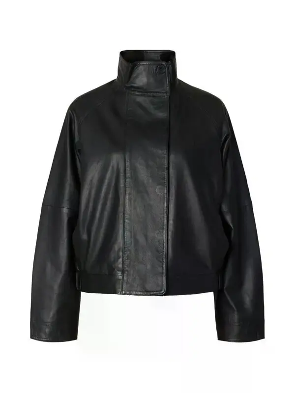 SELECTED High-neck Leather Jacket - Black