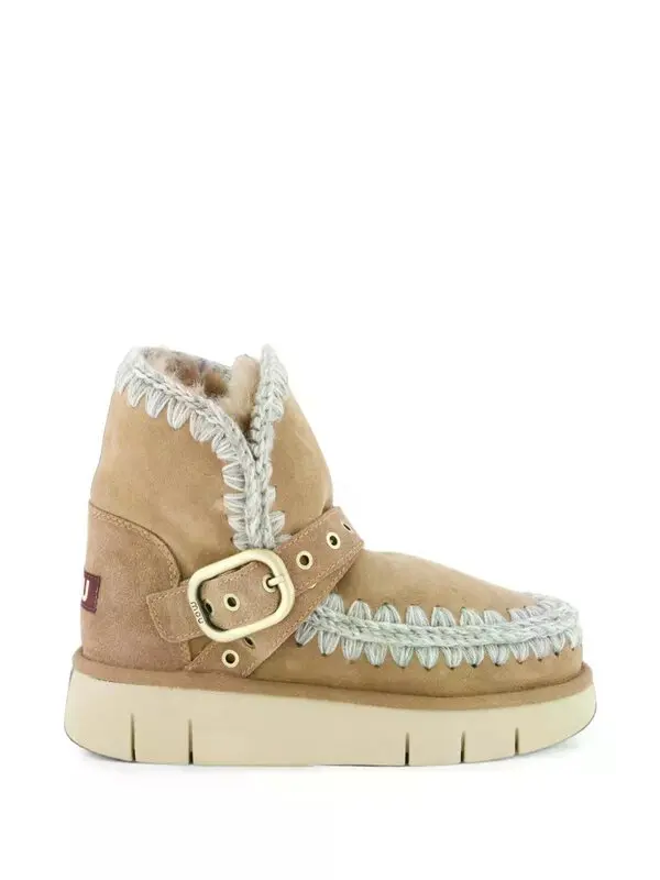 Mou Eskimo Bounce Buckled Crochet-trim Boots - Neutrals
