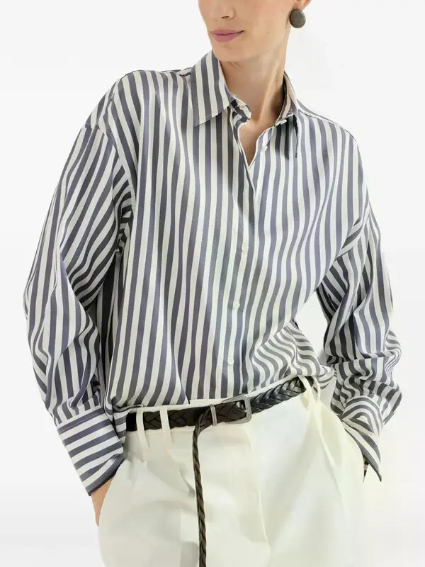Brunello Cucinelli Wide Stripe Silk Poplin Shirt - Blue