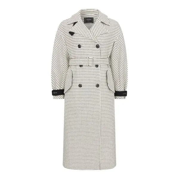 TRIONA Black Windowpane Kate Merino Lambswool Trench Coat - White
