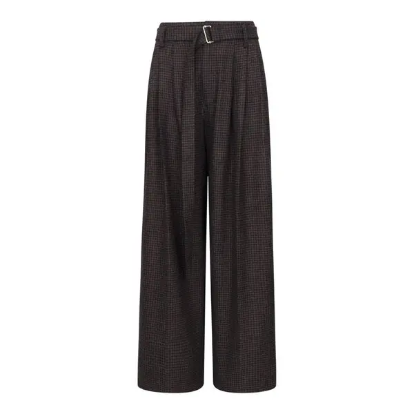 TRIONA Houndstooth Alannah Pleated Merino Wool Trousers - Brown