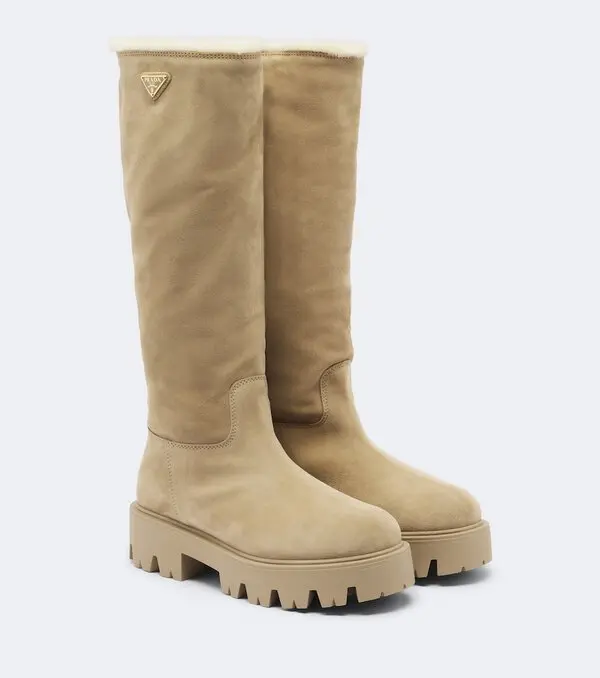 Prada Shearling-lined Suede Knee-high Boots - Beige