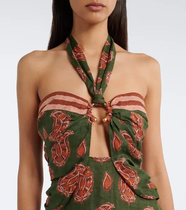 Johanna Ortiz Printed Halterneck Linen Midi Dress