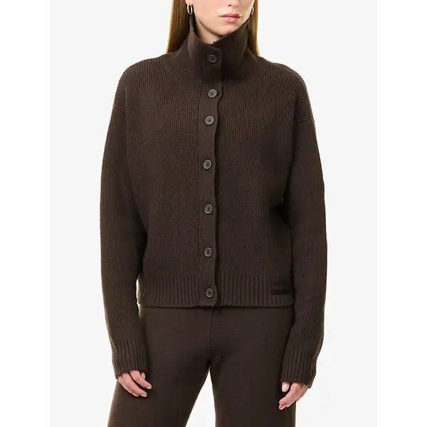 ADANOLA Funnel-neck Collar Cotton-knit Cardigan
