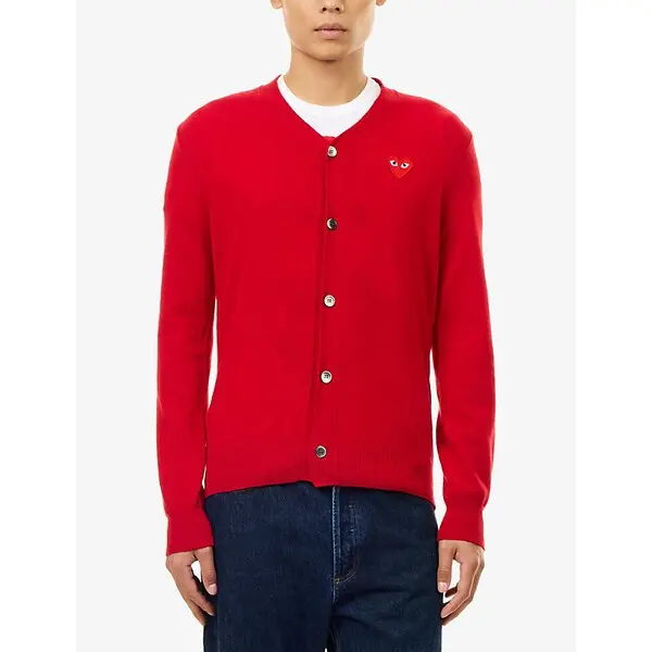 Play Comme Des Garcon Heart Motif-logo Wool Cardigan - Red