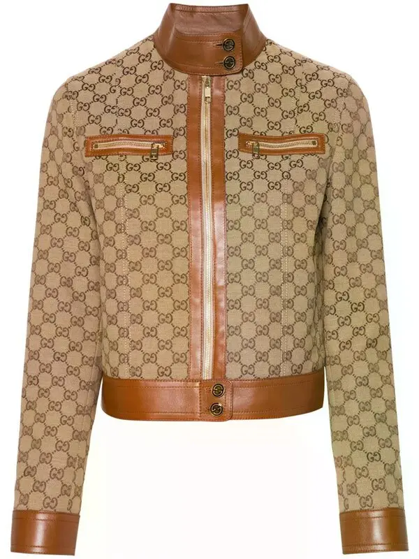 Gucci Gg-canvas Leather-trim Jacket - Neutrals