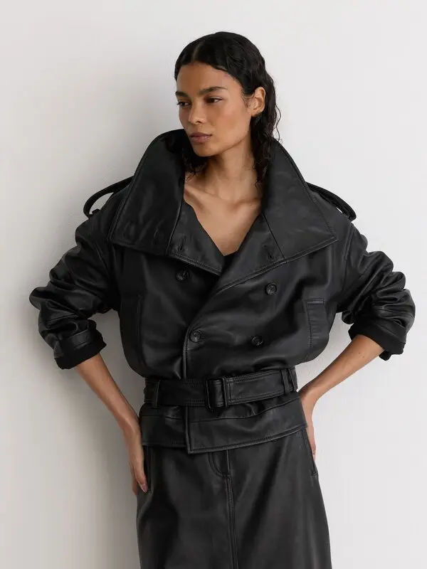 REISS Leather Belted Double-breasted Jacket