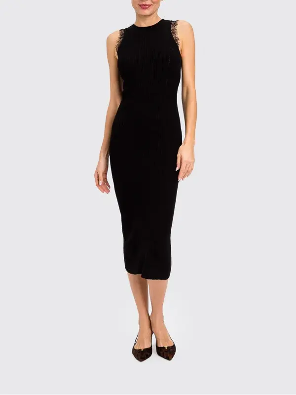 TWINSET Off-the-shoulder Ribbed Midi Sheath Dress With Lace Inserts