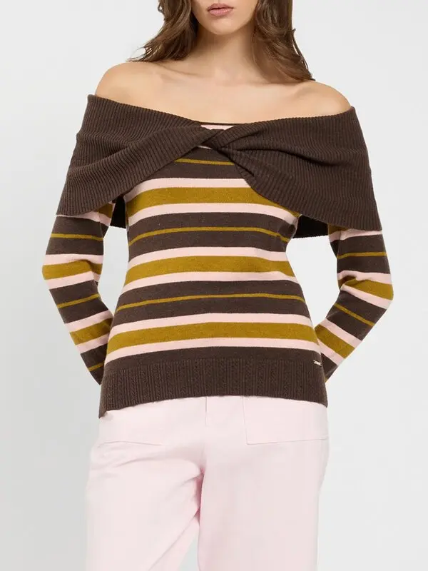 TWINSET Striped Wool And Silk Blend Sweater With Boat Neck - Brown