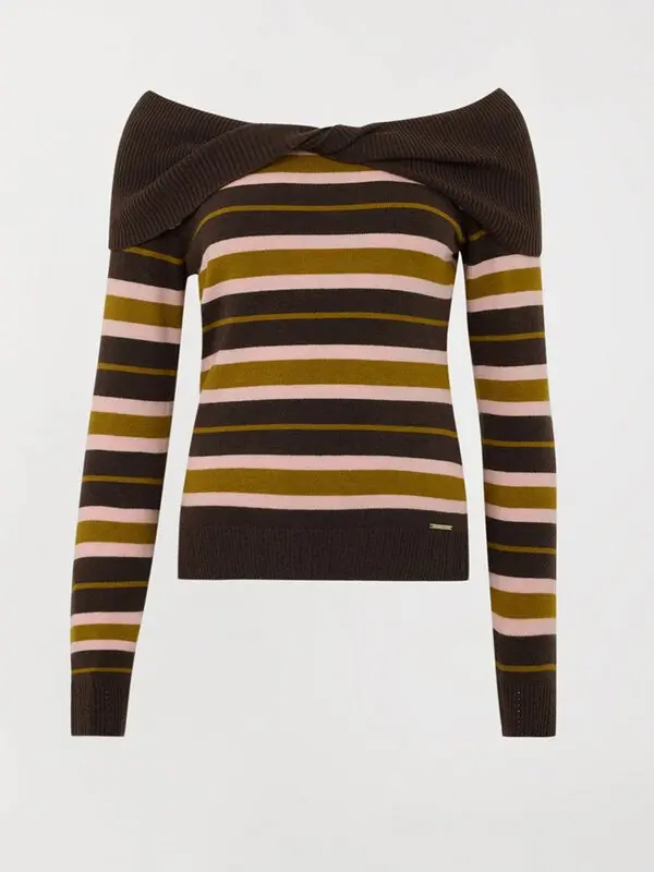 TWINSET Striped Wool And Silk Blend Sweater With Boat Neck - Brown