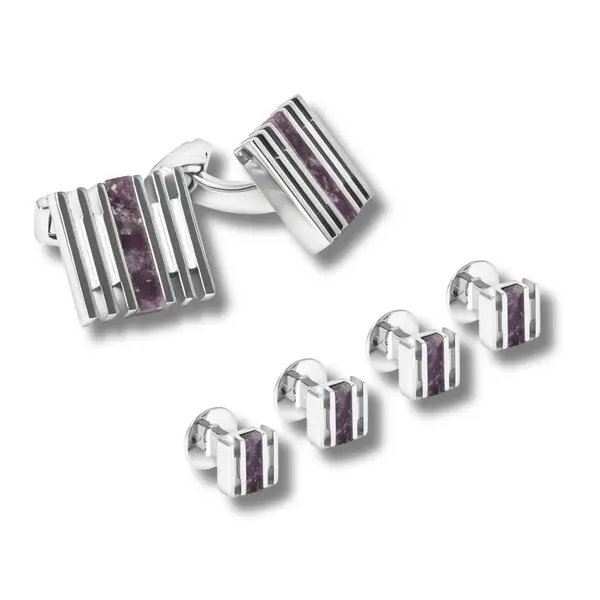 Tateossian Thompson Stripe Grille Cufflink And Shirt Studs In Palladium Plated With Amethyst - Silver