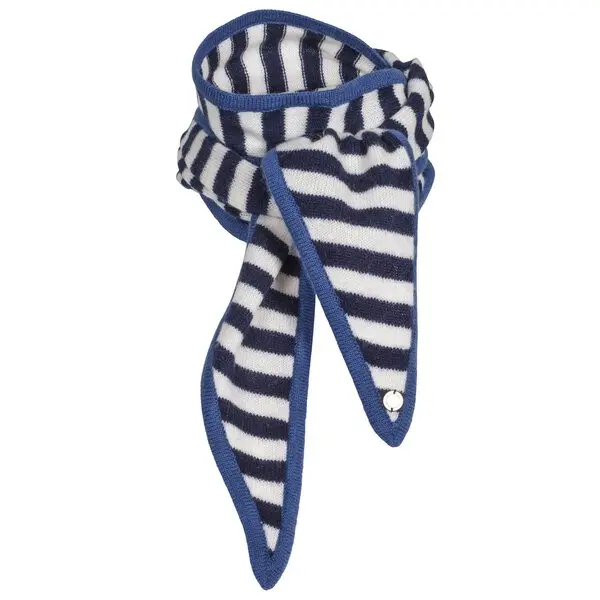 TIRILLM Ayla Small Neck Scarf In Soft Pure Cashmere, Navy With Off White Stripes With Denim Trimming - Blue