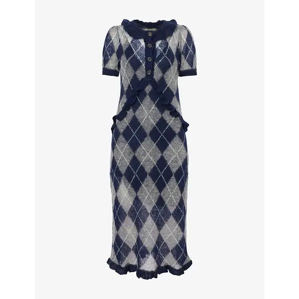 SHUSHU/TONG Argyle-knit Short-sleeve Wool-blend Midi Dress