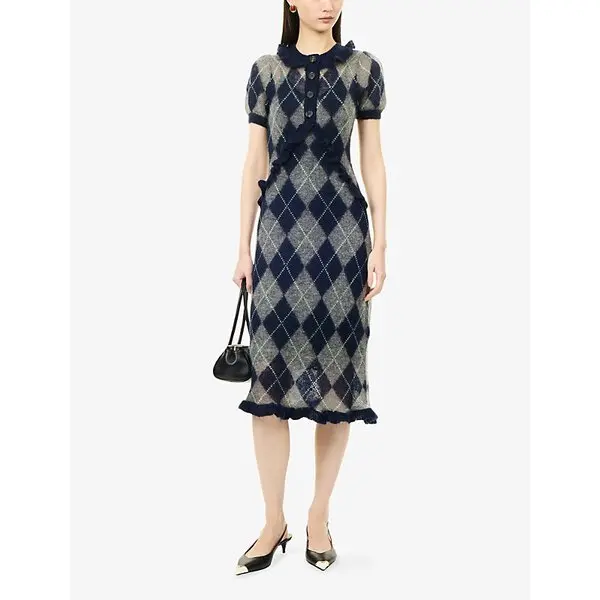 SHUSHU/TONG Argyle-knit Short-sleeve Wool-blend Midi Dress
