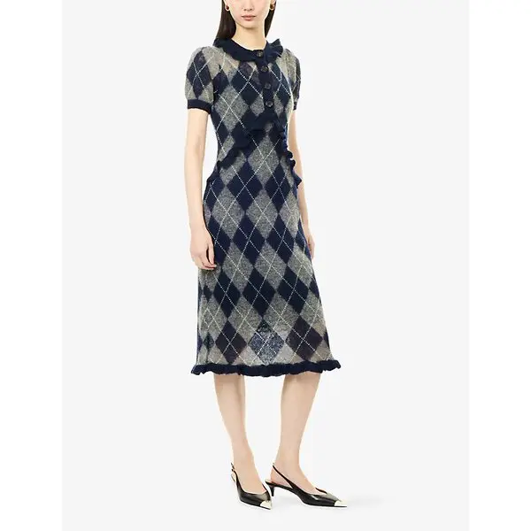 SHUSHU/TONG Argyle-knit Short-sleeve Wool-blend Midi Dress