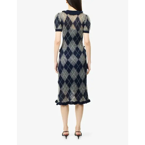 SHUSHU/TONG Argyle-knit Short-sleeve Wool-blend Midi Dress