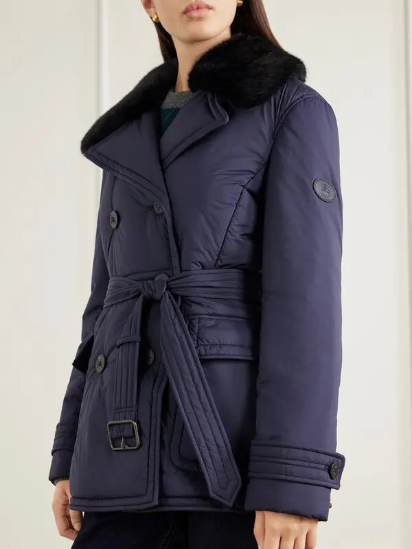 Burberry Double-breasted Belted Padded Plush-trimmed Shell Jacket