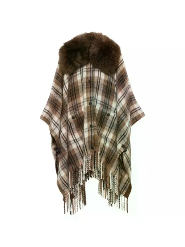 Moncler Plaid-check Faux-fur-collar Cape - Brown
