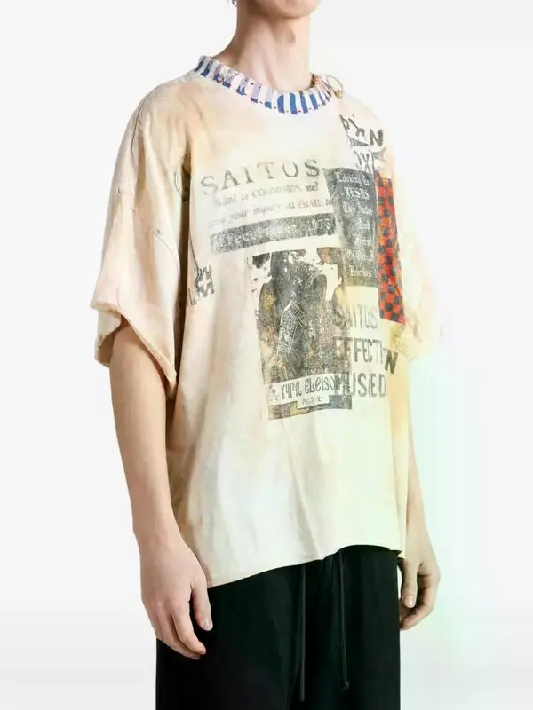 SAITOS Striped-neck Graphic-print T-shirt