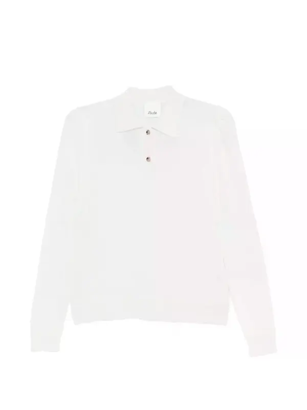 ALLUDE Button-placket Long-sleeve Polo Top - White