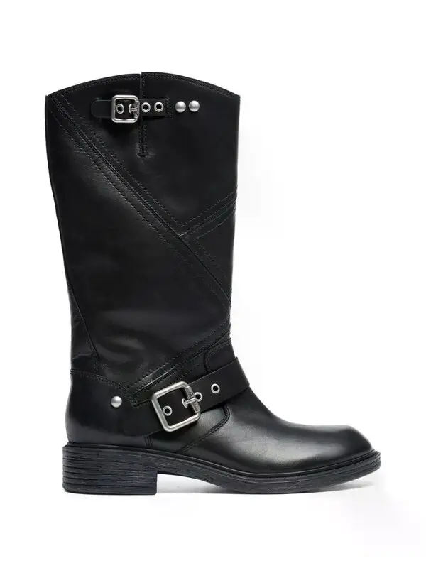 Ash Fuchsia Buckled Leather Biker Boots