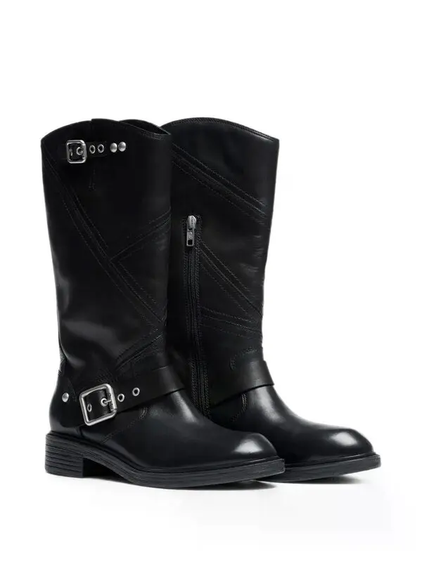 Ash Fuchsia Buckled Leather Biker Boots